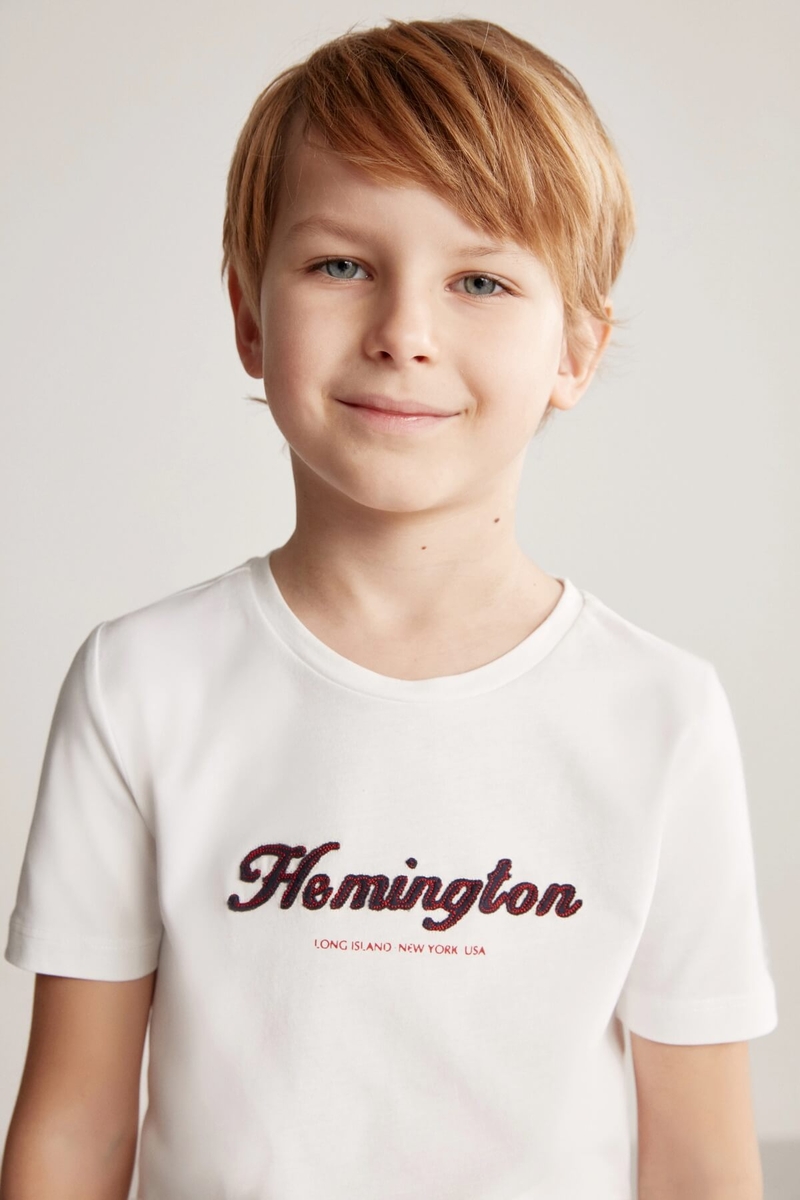 Hemington Logolu Bisiklet Yaka Beyaz Pamuk Çocuk T-Shirt | | Hemington