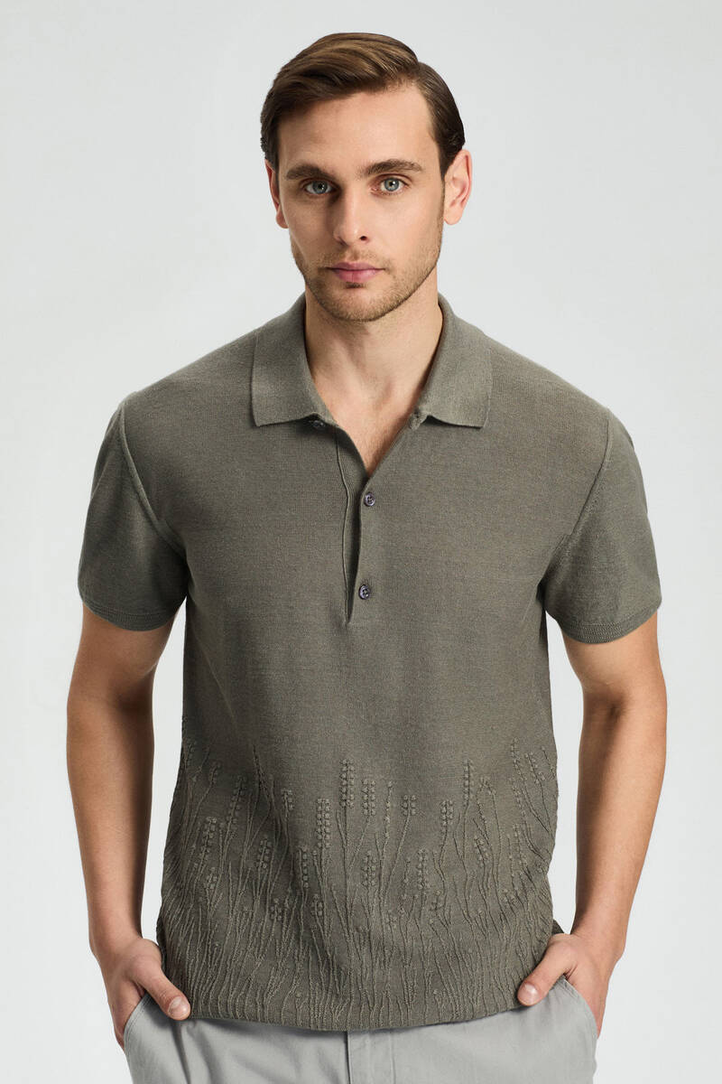 Keten Pamuk Karışım Haki Desen Triko Polo | | Hemington