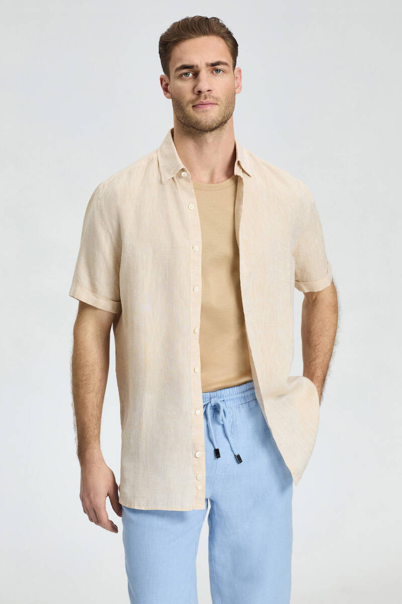 Saf Keten Kısa Kollu Kum Rengi Gömlek | | Hemington