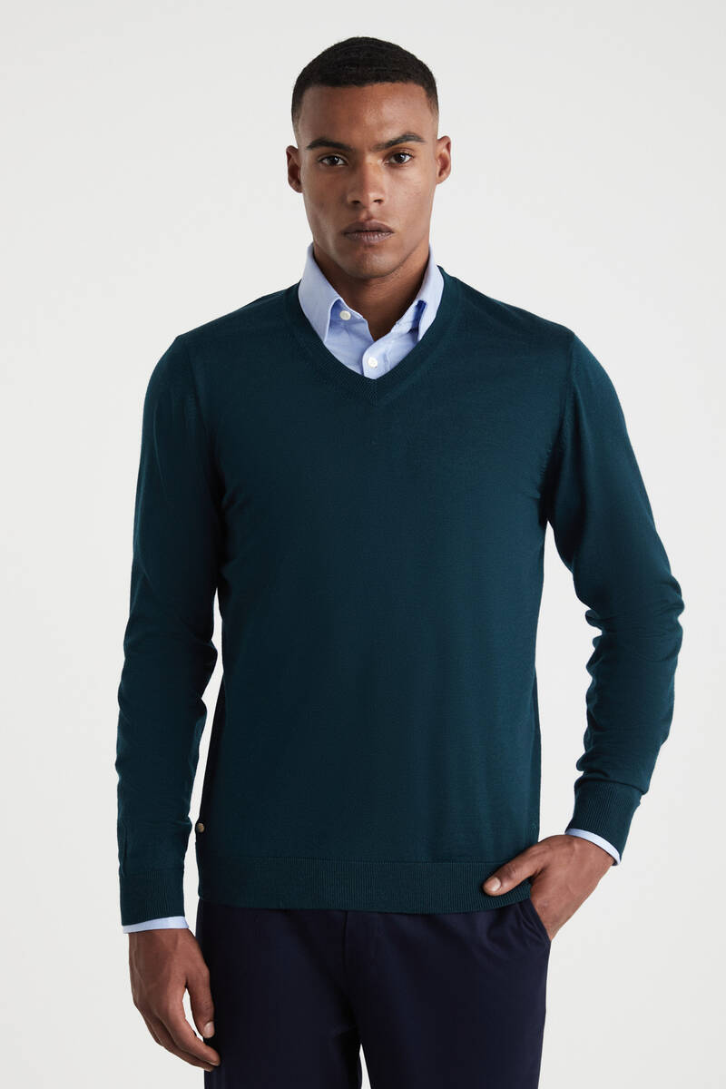 V Yaka Koyu Yeşil Merino Yün Triko | | Hemington